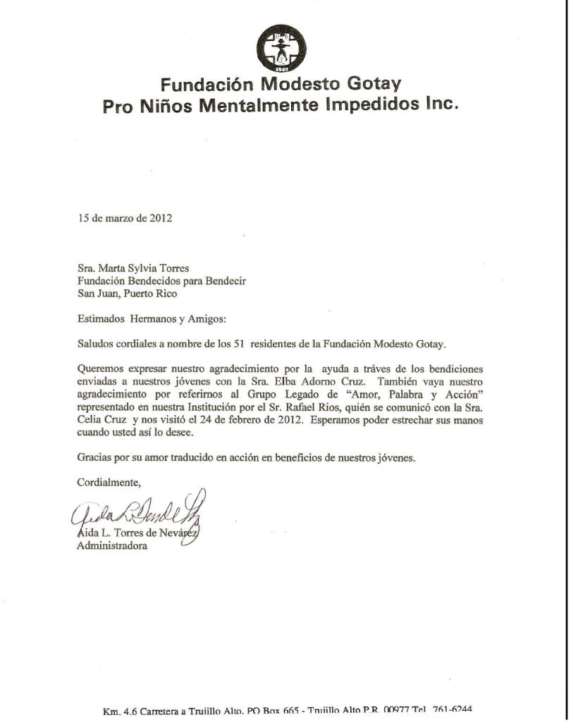 Carta de Agradecimiento de la Fundación Modesto Gotay – Fundación ...